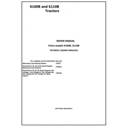John Deere 6100B and 6110B Tractor Pdf Technical Repair Manual TM70001